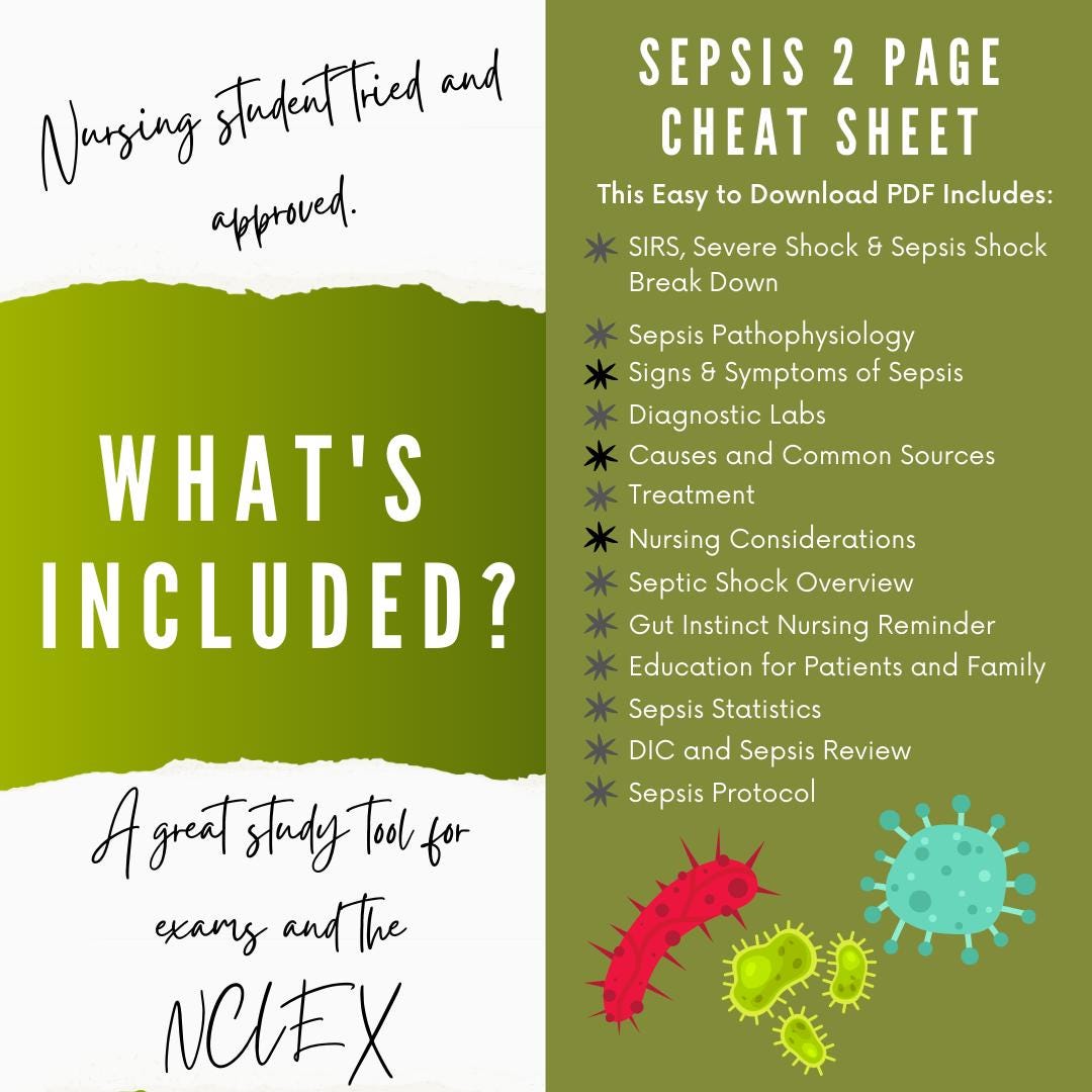Sepsis 2 Page Cheat Sheets PDF! Made for Nursing Students BY a Nursing ...