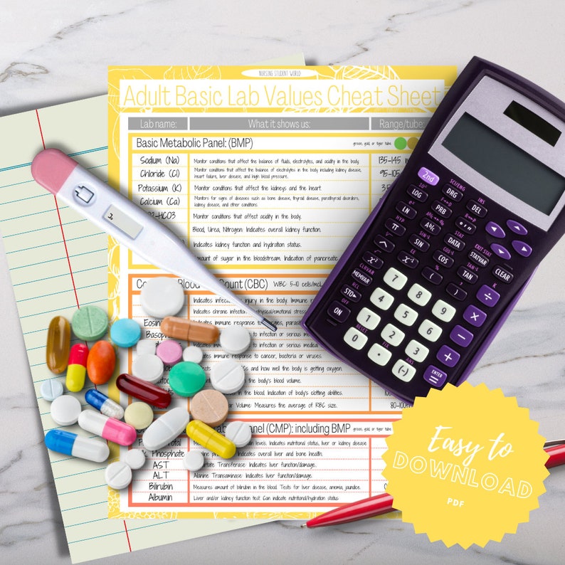 Adult Lab Values Cheat Sheet for Nursing Students! Made by a Nursing ...