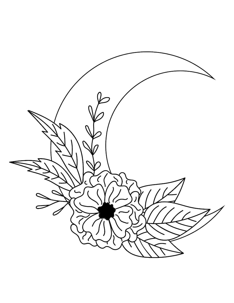 5 Printable Pages of Moons and Flowers for Coloring - Etsy