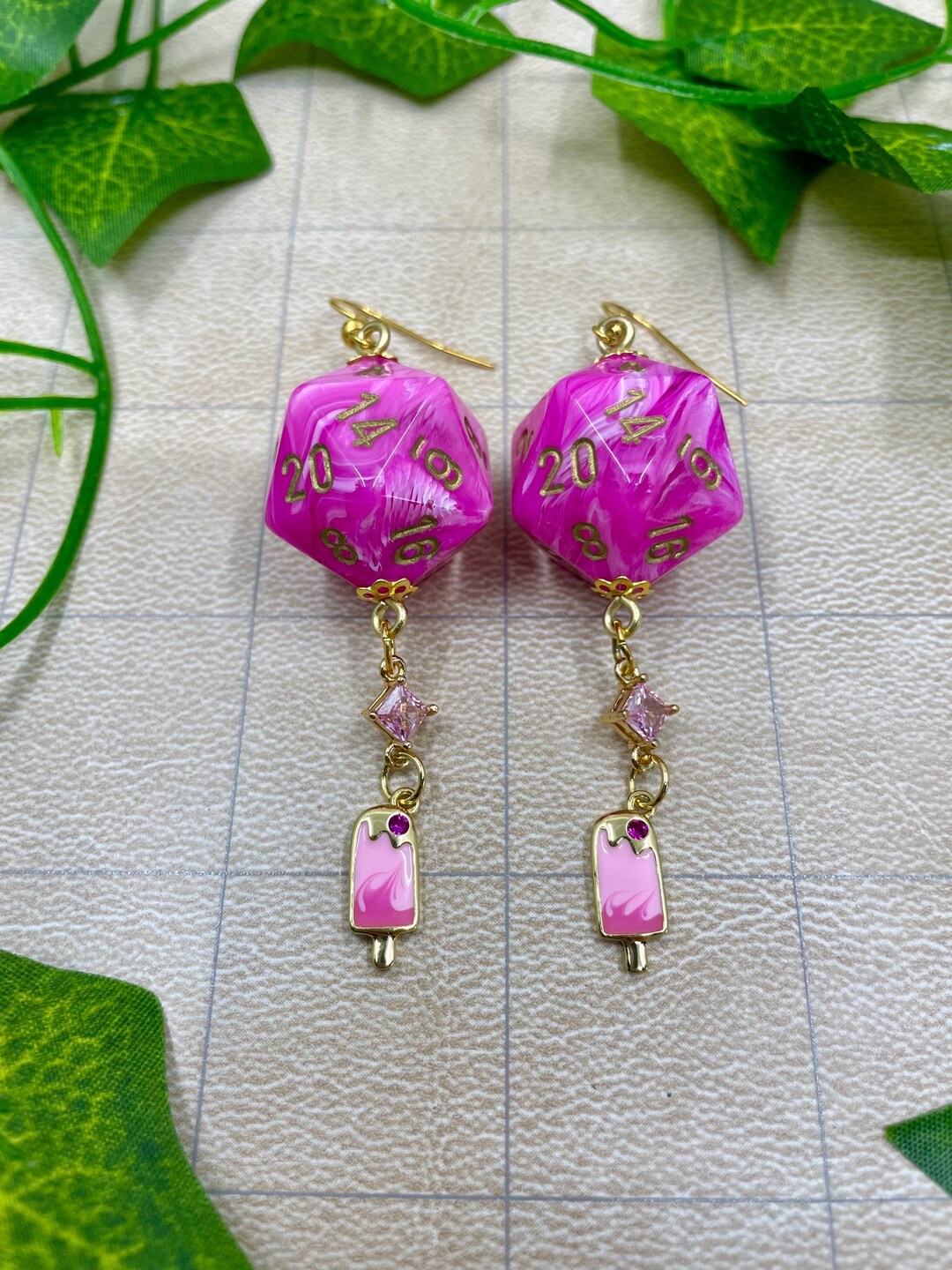 D&D Pink Swirl D20 Earrings With Pink Popsicle Ice Cream Charms - Etsy