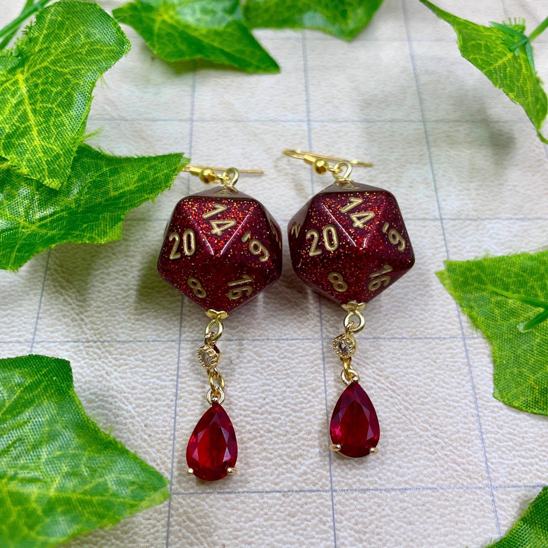 D&D Red and Gold Glitter D20 Earrings With Red Crystal Charms - Etsy