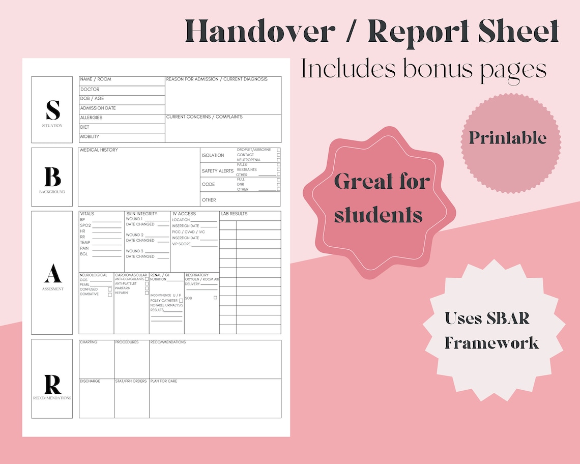 Handover / Report Nursing Printable Sheet - Etsy