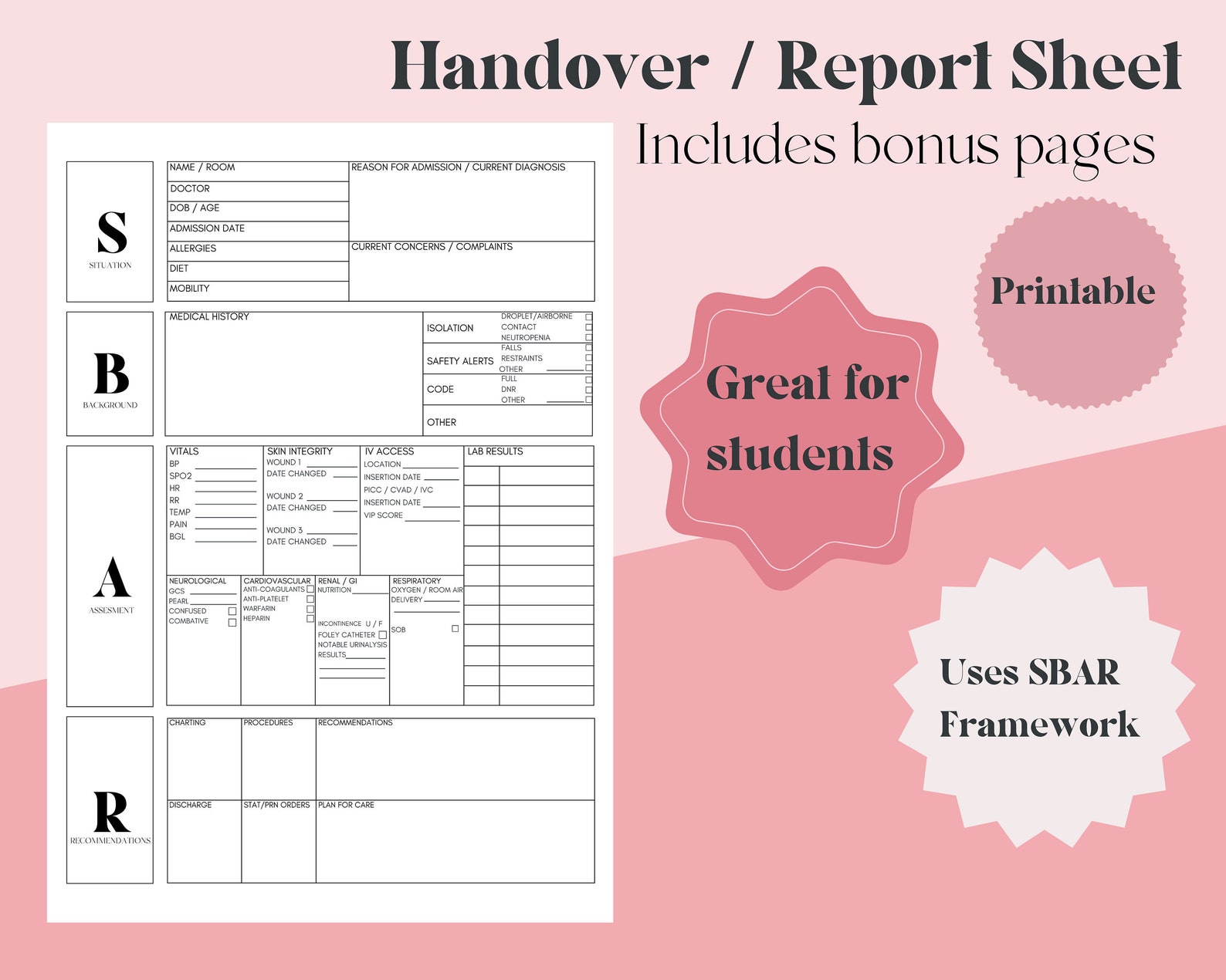 Handover / Report Nursing Printable Sheet - Etsy