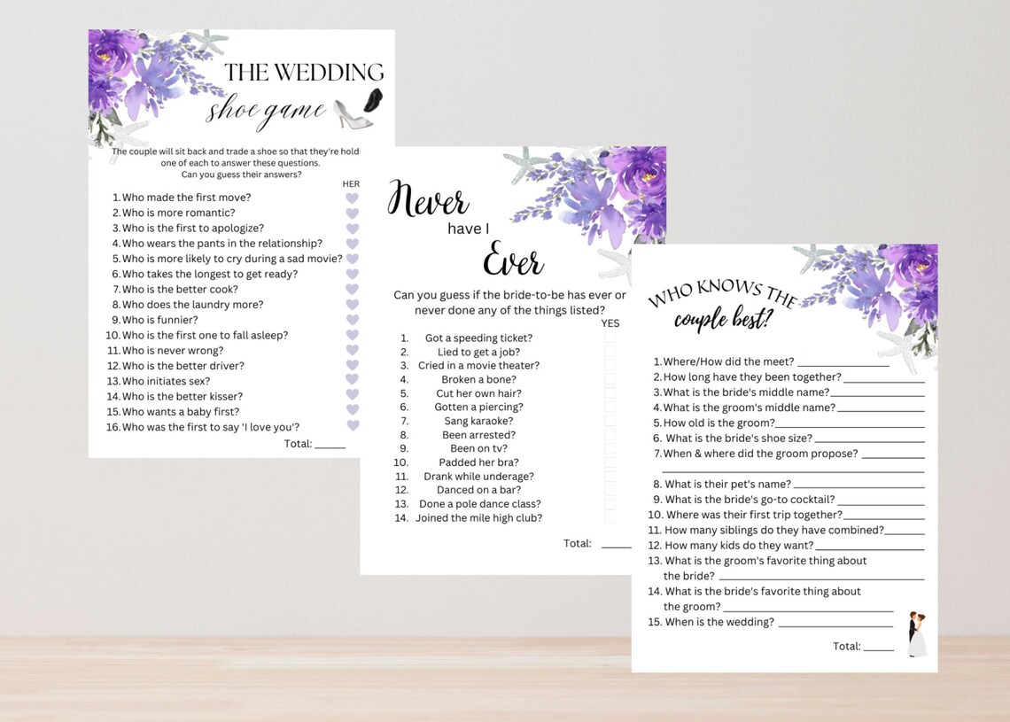Purple Floral Bridal Shower Games BUNDLE Template - Etsy