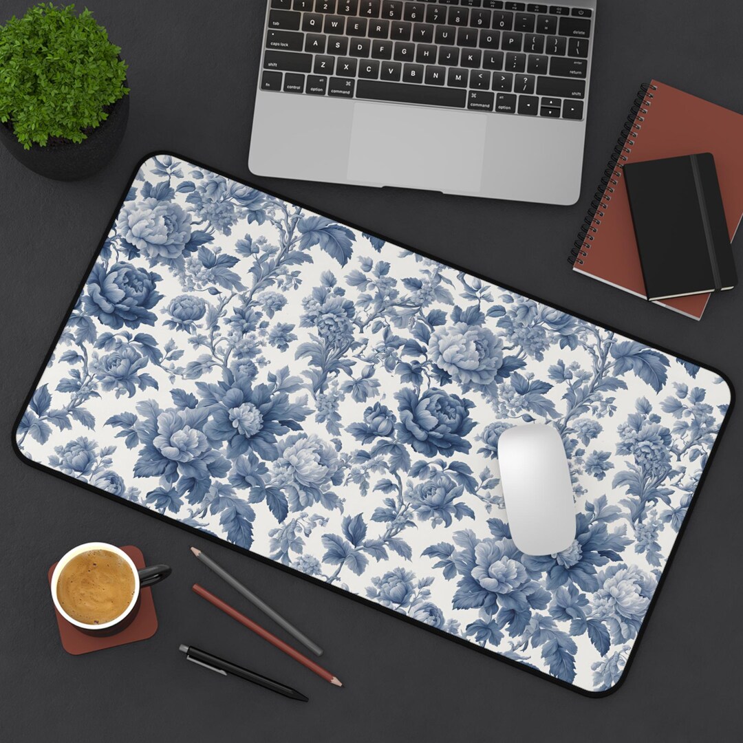 French Blue Toile Desk Mat: Floral Desk Pad, 3 Sizes - Etsy