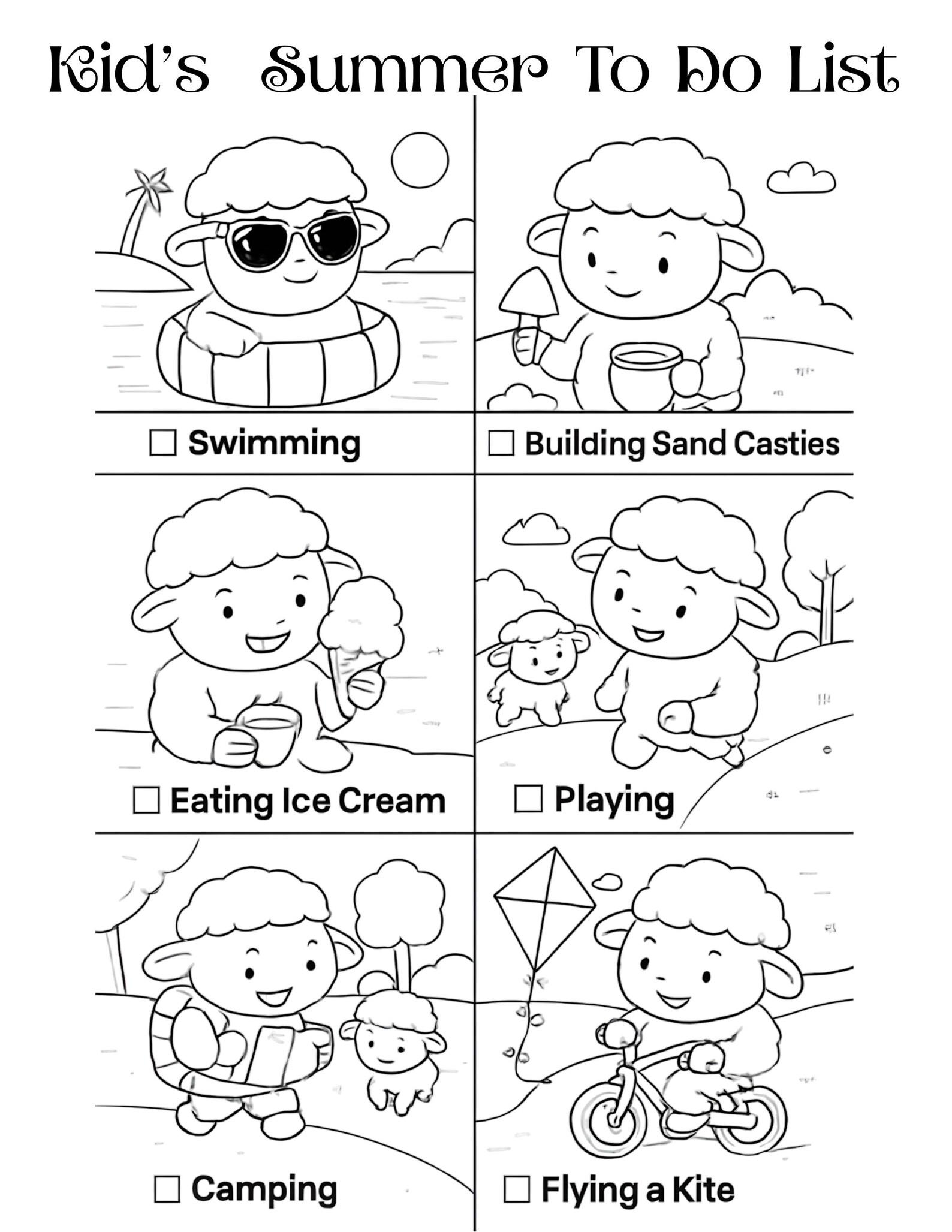 Kid's Summer to Do List Coloring Page With Lambs (digital Print) - Etsy