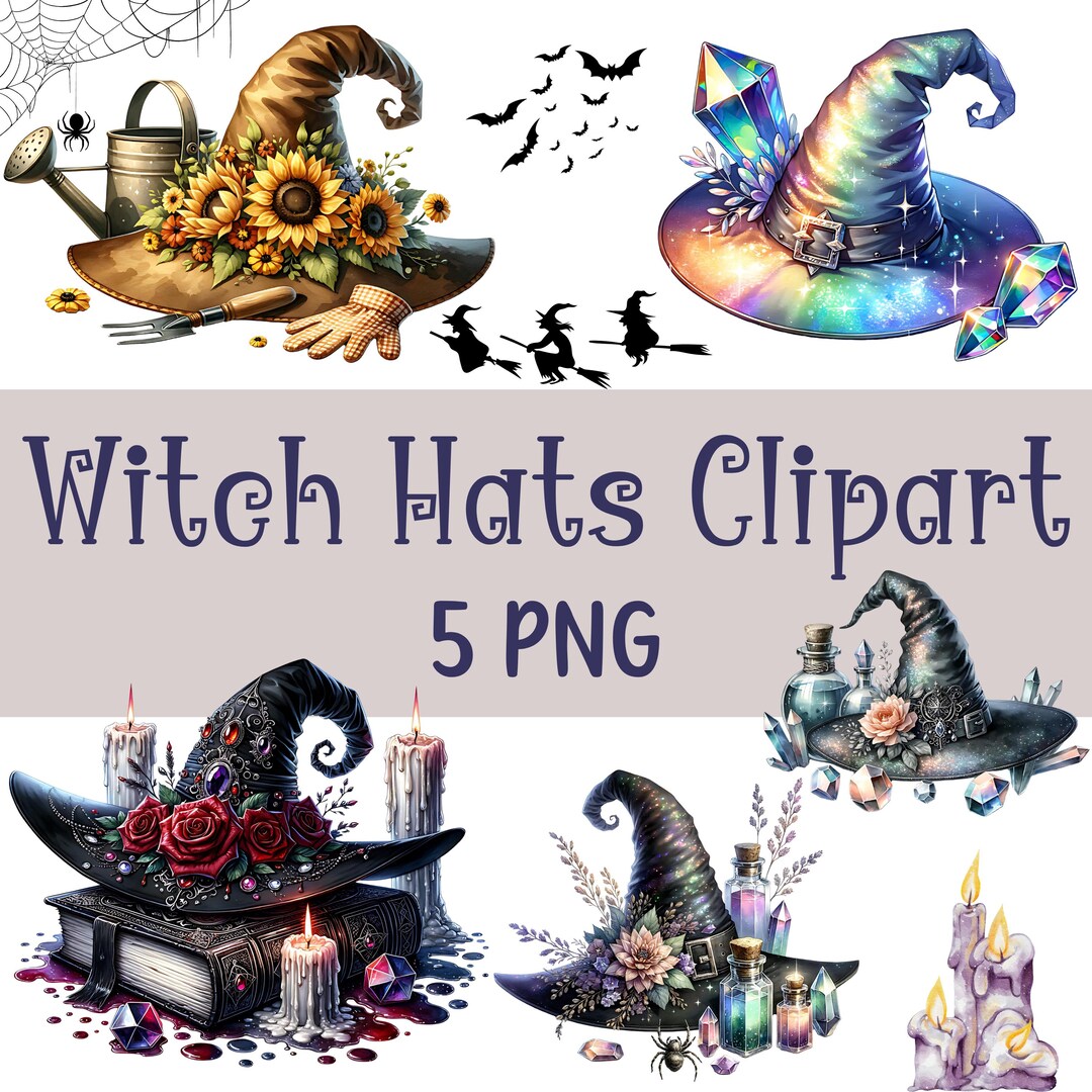 Watercolor Witch Hat Clipart, 5 PNG, Halloween Clipart, Spooky PNG ...