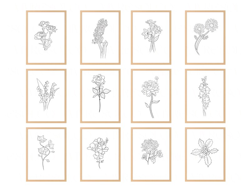 Birth Month Flower Digital Print Bundle, Flower Line Art, Floral, Birth ...