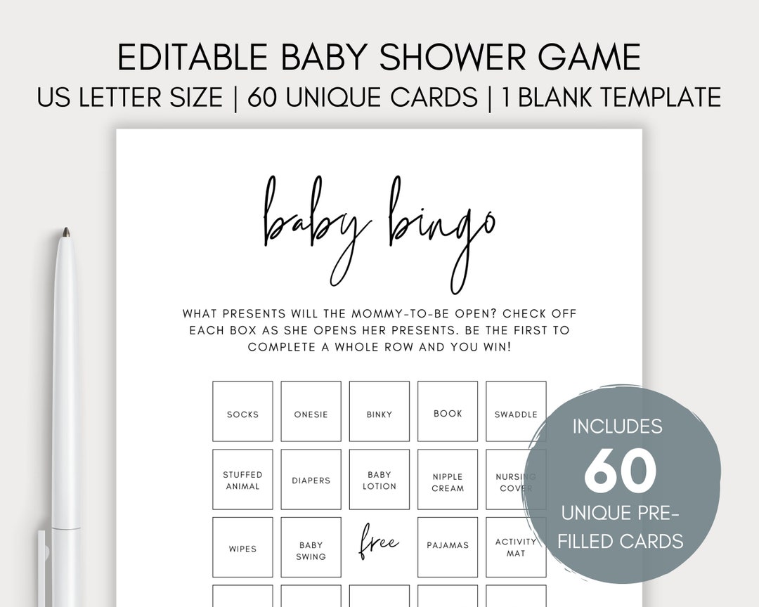 60 Unique Pre-filled Baby Shower Bingo Cards, Editable and Printable ...