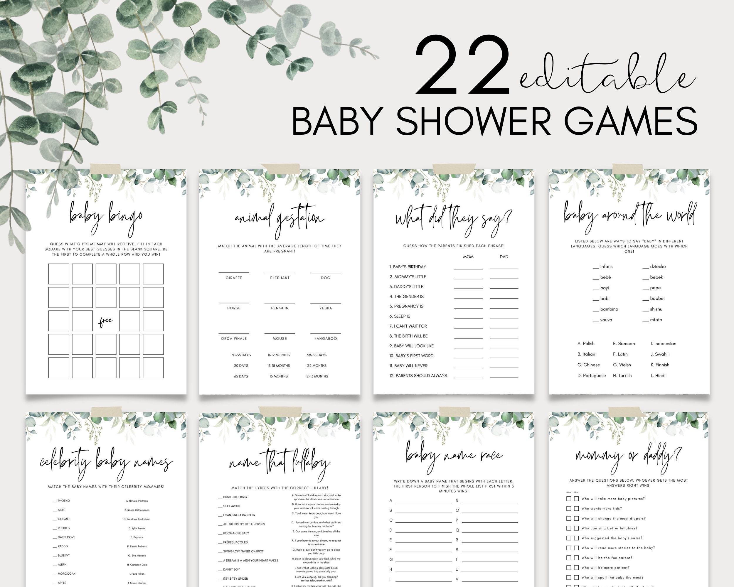 22 Editable Baby Shower Game Bundle, Eucalyptus Baby Shower Games ...