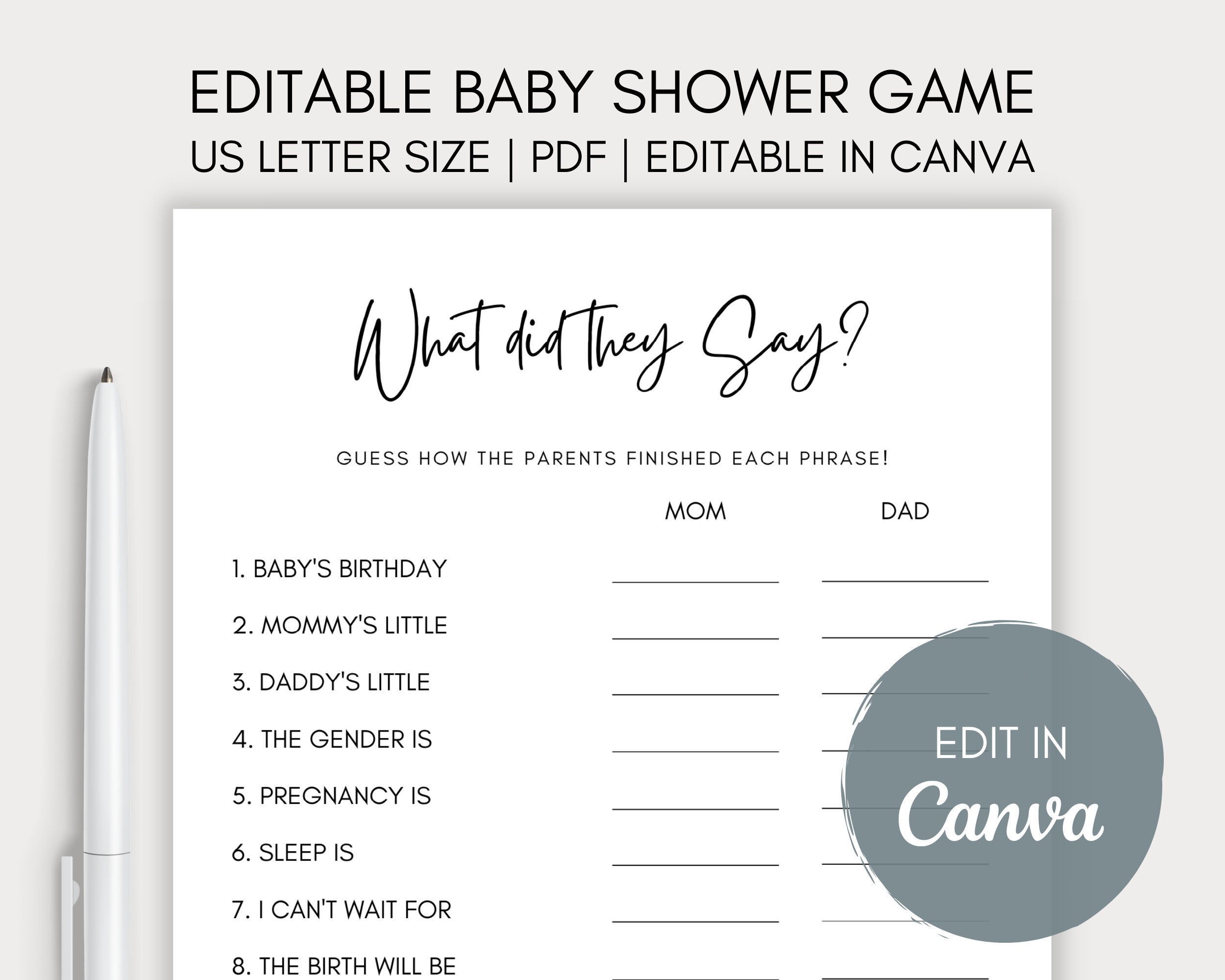 Editable Baby Shower Game, What Did the Parents Say, Mom, Dad, Get to ...