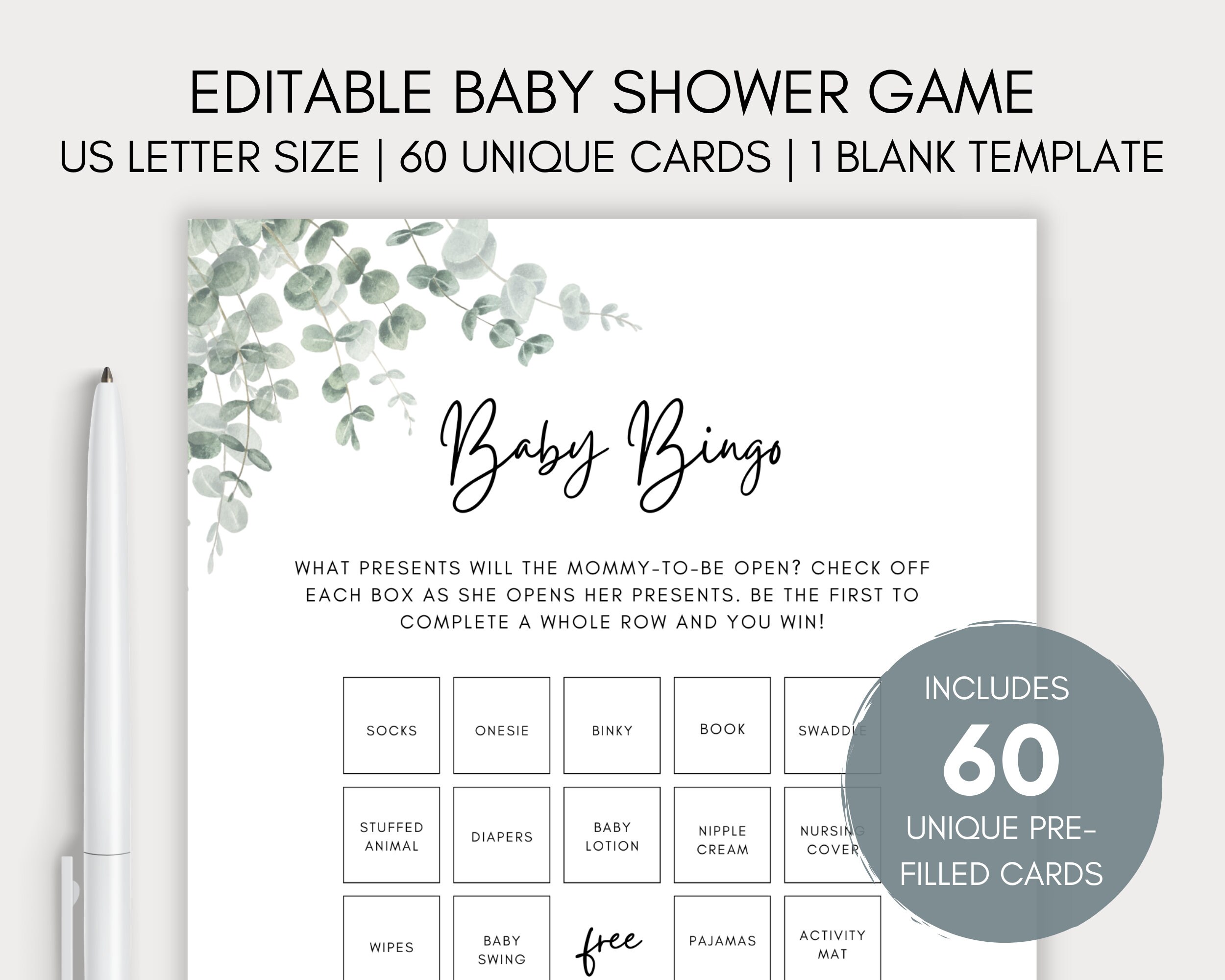 60 Unique Pre-filled Baby Shower Bingo Cards, Editable and Printable ...