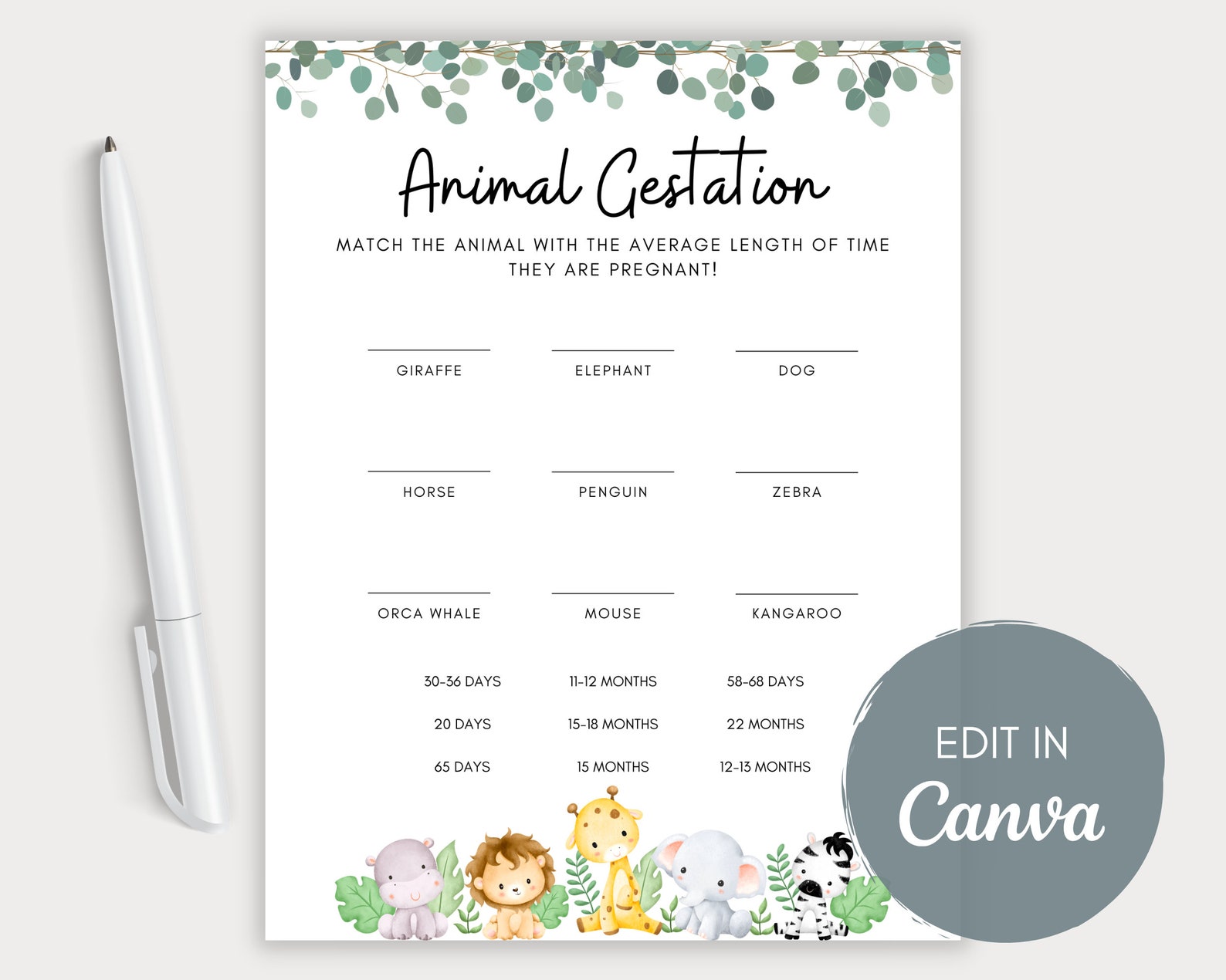Editable Animal Gestation Baby Shower Game, Answer Sheet Included, Baby ...