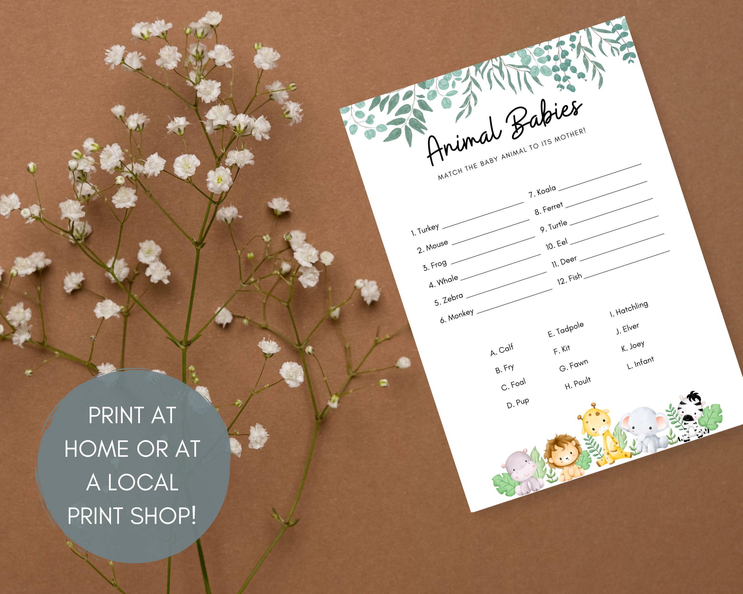 Editable Animal Babies Baby Shower Game, Answer Sheet Included, Baby ...