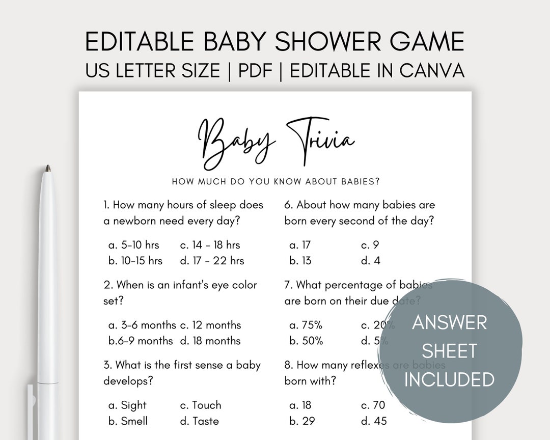 Printable Baby Trivia Baby Shower Game, Editable Baby Trivia Template ...