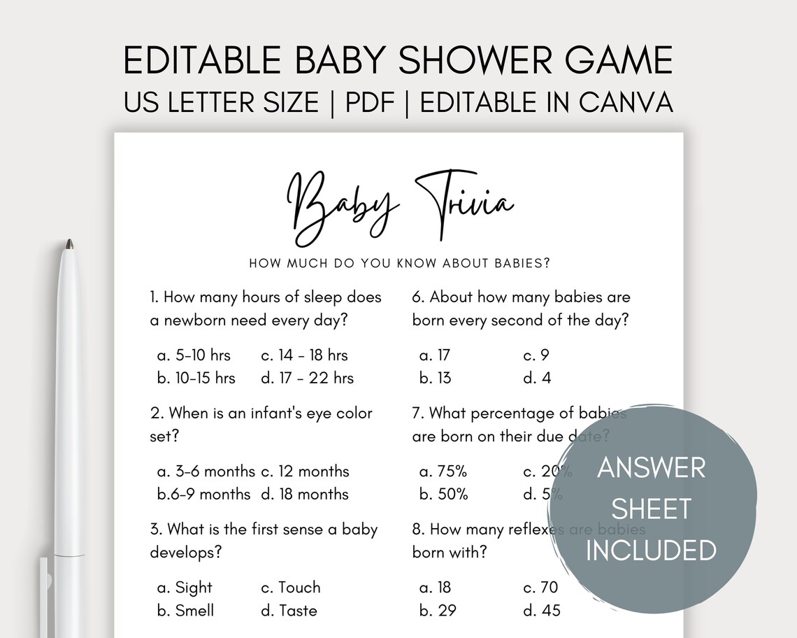 Printable Baby Trivia Baby Shower Game Editable Baby Trivia - Etsy