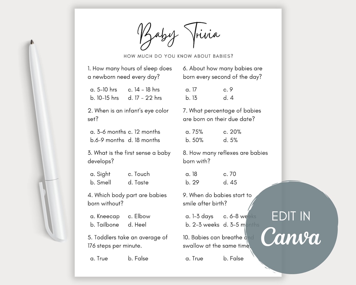 Printable Baby Trivia Baby Shower Game Editable Baby Trivia - Etsy