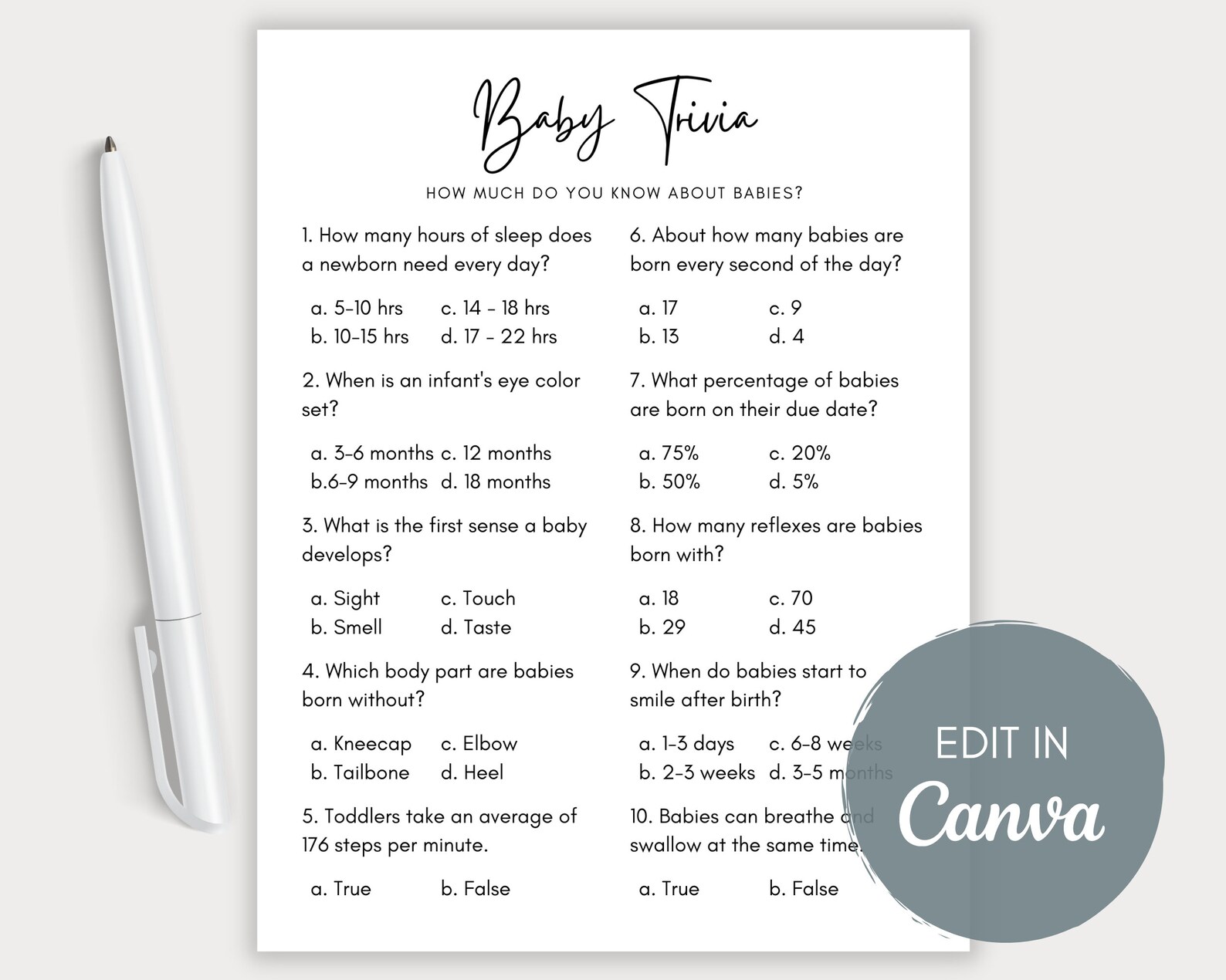 Printable Baby Trivia Baby Shower Game, Editable Baby Trivia Template ...