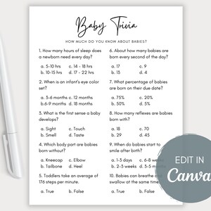 Printable Baby Trivia Baby Shower Game, Editable Baby Trivia Template ...