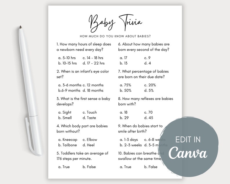 Printable Baby Trivia Baby Shower Game, Editable Baby Trivia Template ...