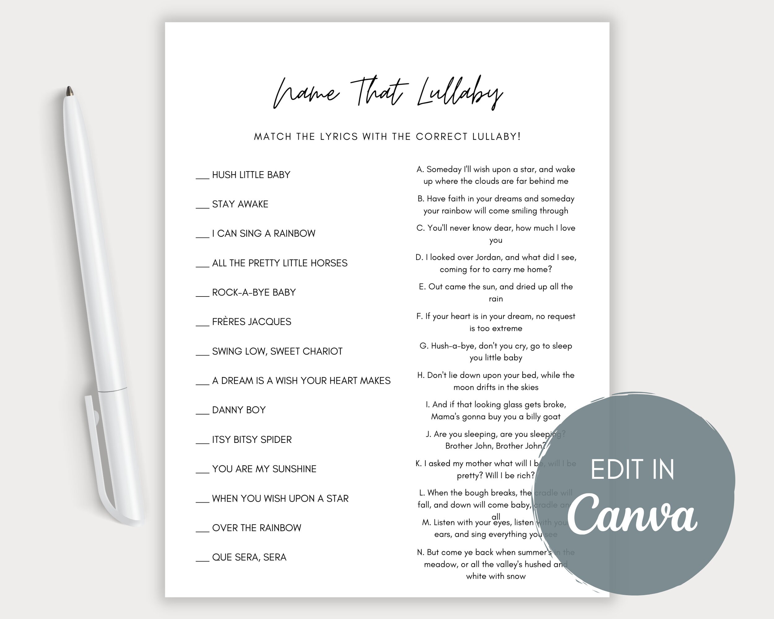 Name That Lullaby Baby Shower Game, Printable and Editable in Canva ...