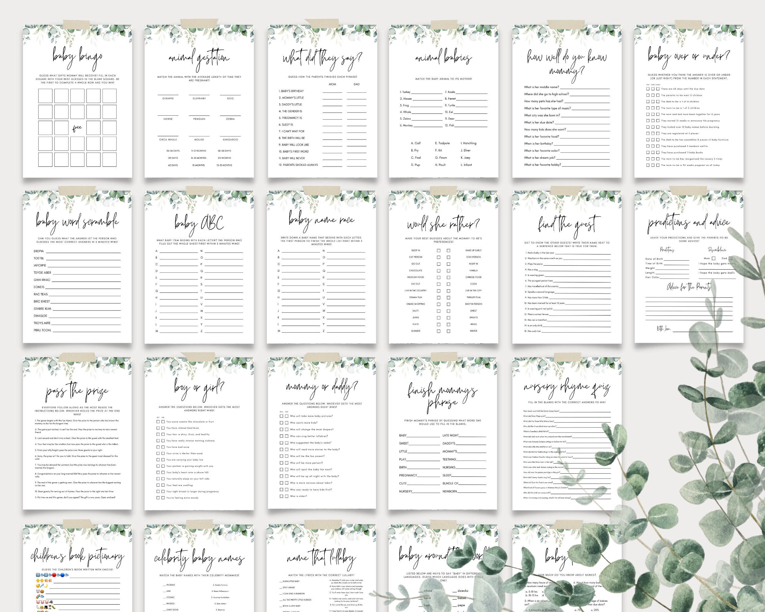 22 Editable Baby Shower Game Bundle, Eucalyptus Baby Shower Games ...