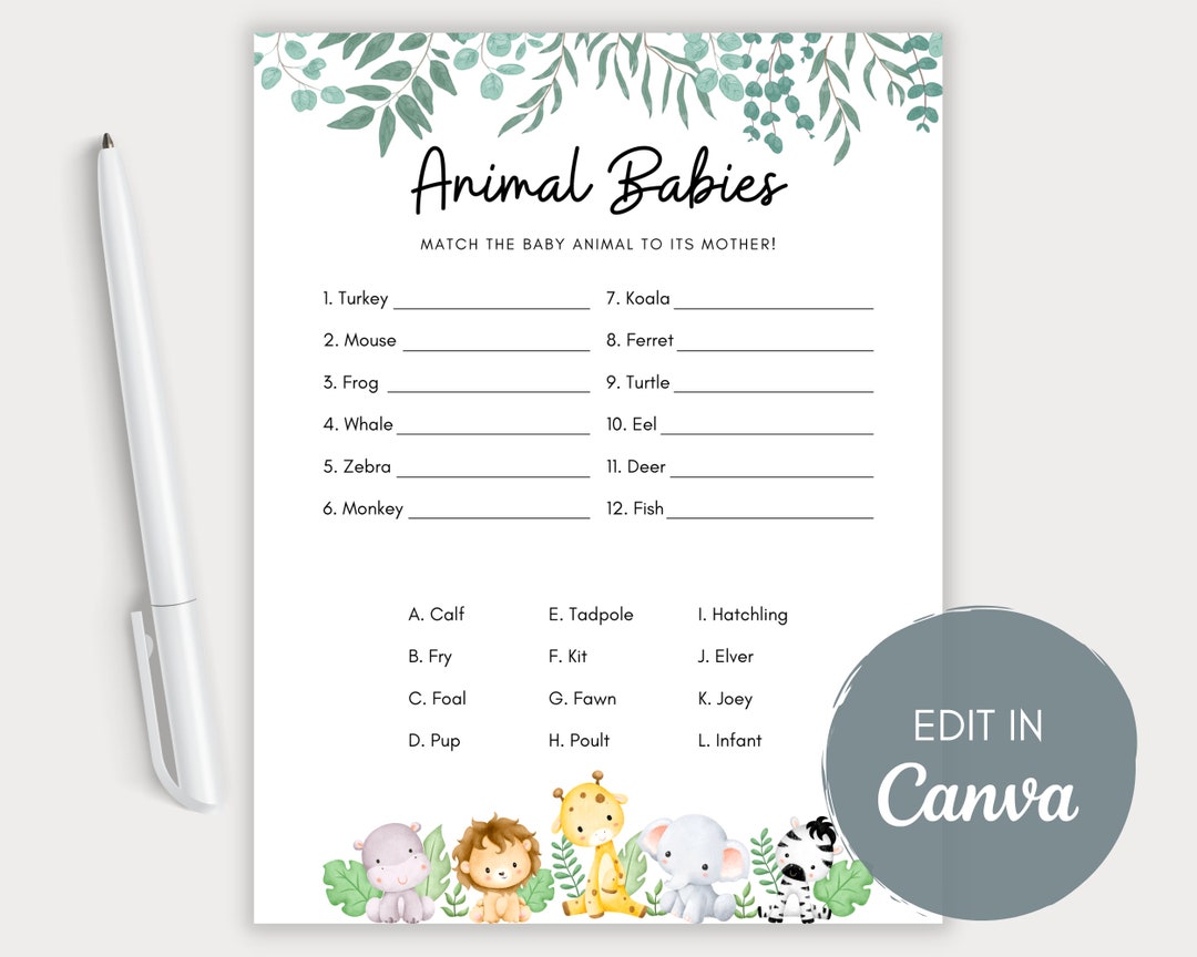 Editable Animal Babies Baby Shower Game, Answer Sheet Included, Baby ...