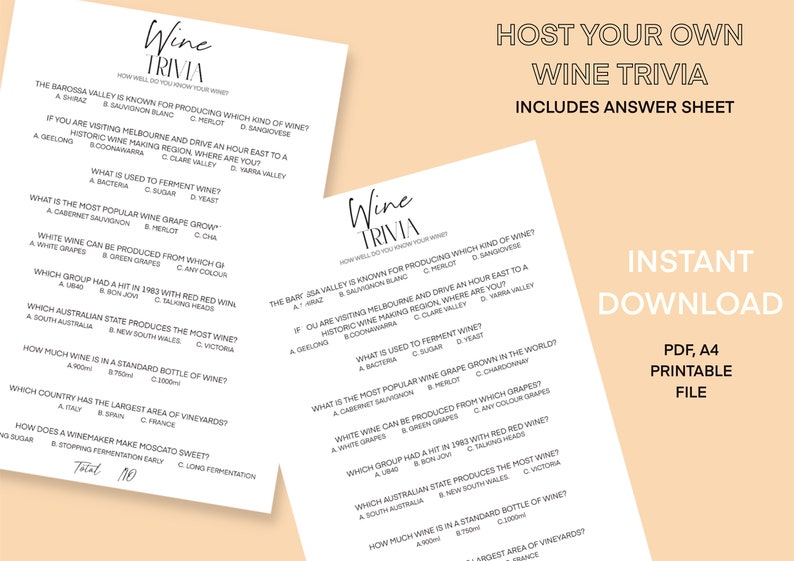 Wine Party Wine Trivia INSTANT DOWNLOAD, Answer Sheet Included - Etsy
