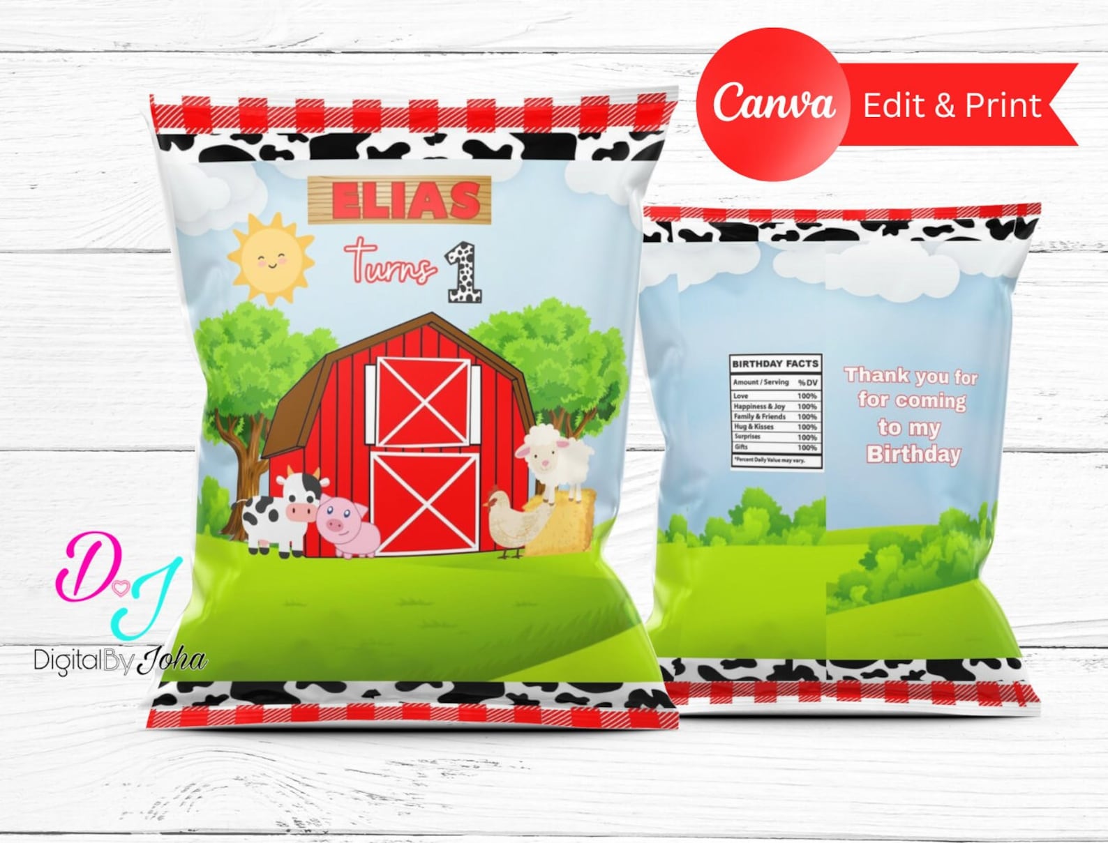 Editable Farm Birthday Chip Bag Barnyard Party Chip Bag Farm Animals ...