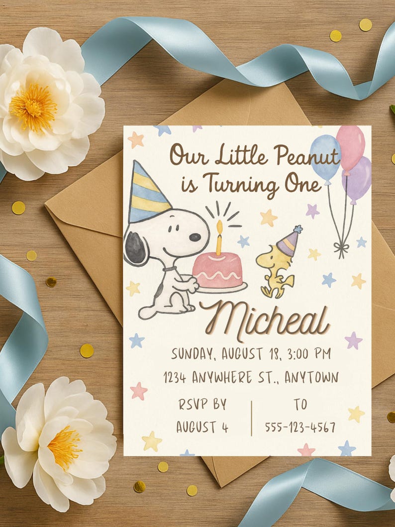 Snoopy First Birthday Invitation, Editable Birthday Party Invite ...