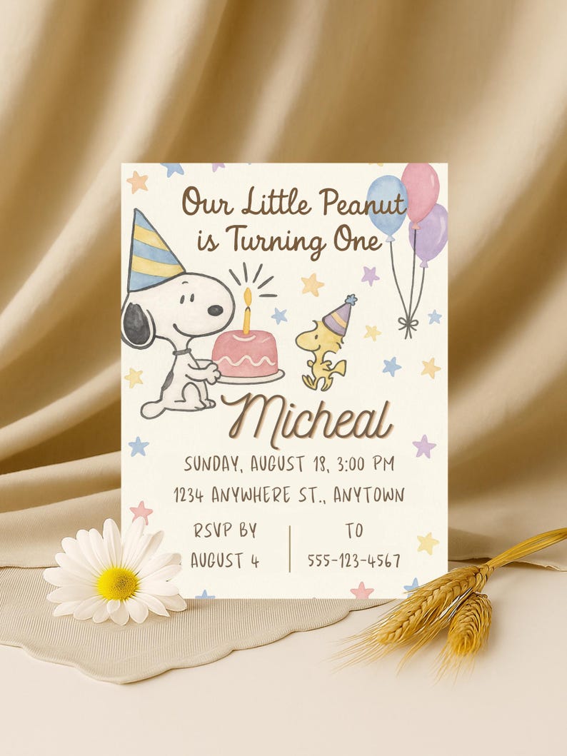 Snoopy First Birthday Invitation, Editable Birthday Party Invite ...