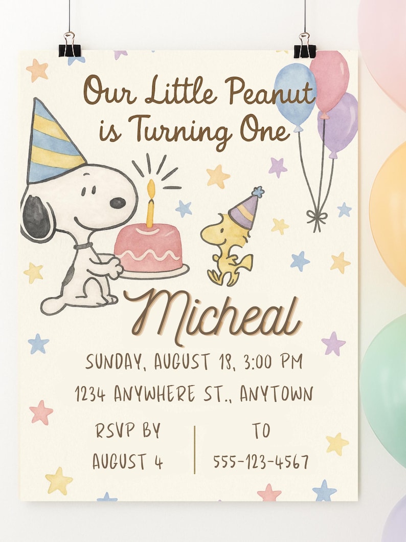 Snoopy First Birthday Invitation, Editable Birthday Party Invite ...