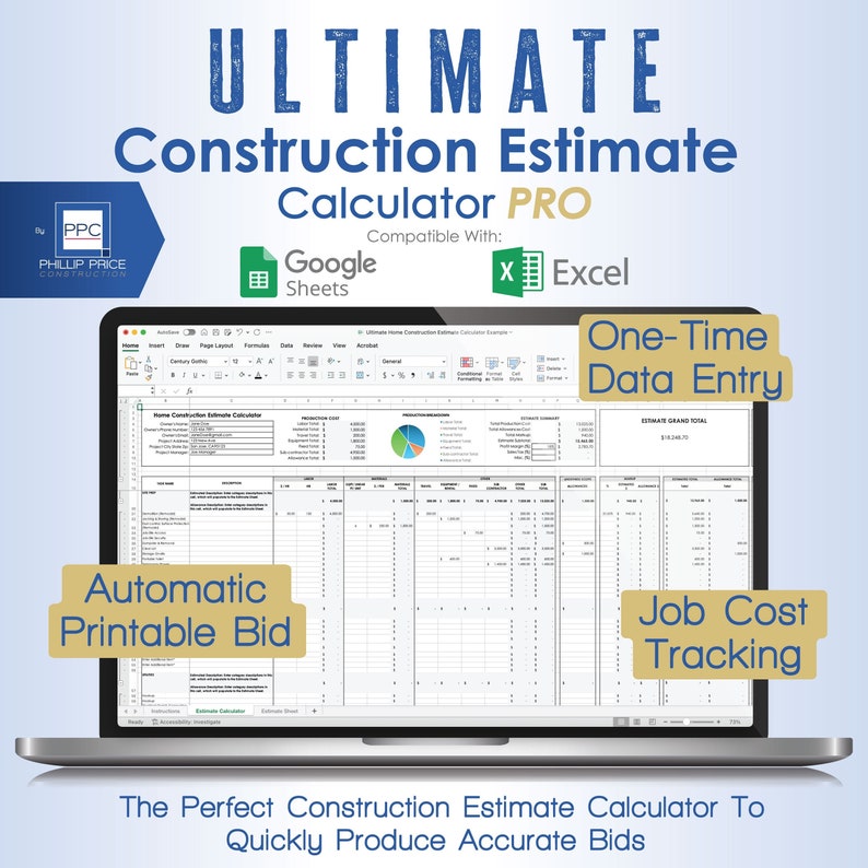 Construction Estimate Calculator Pro, Digital Printable Estimate Builder Template, Contractor ...