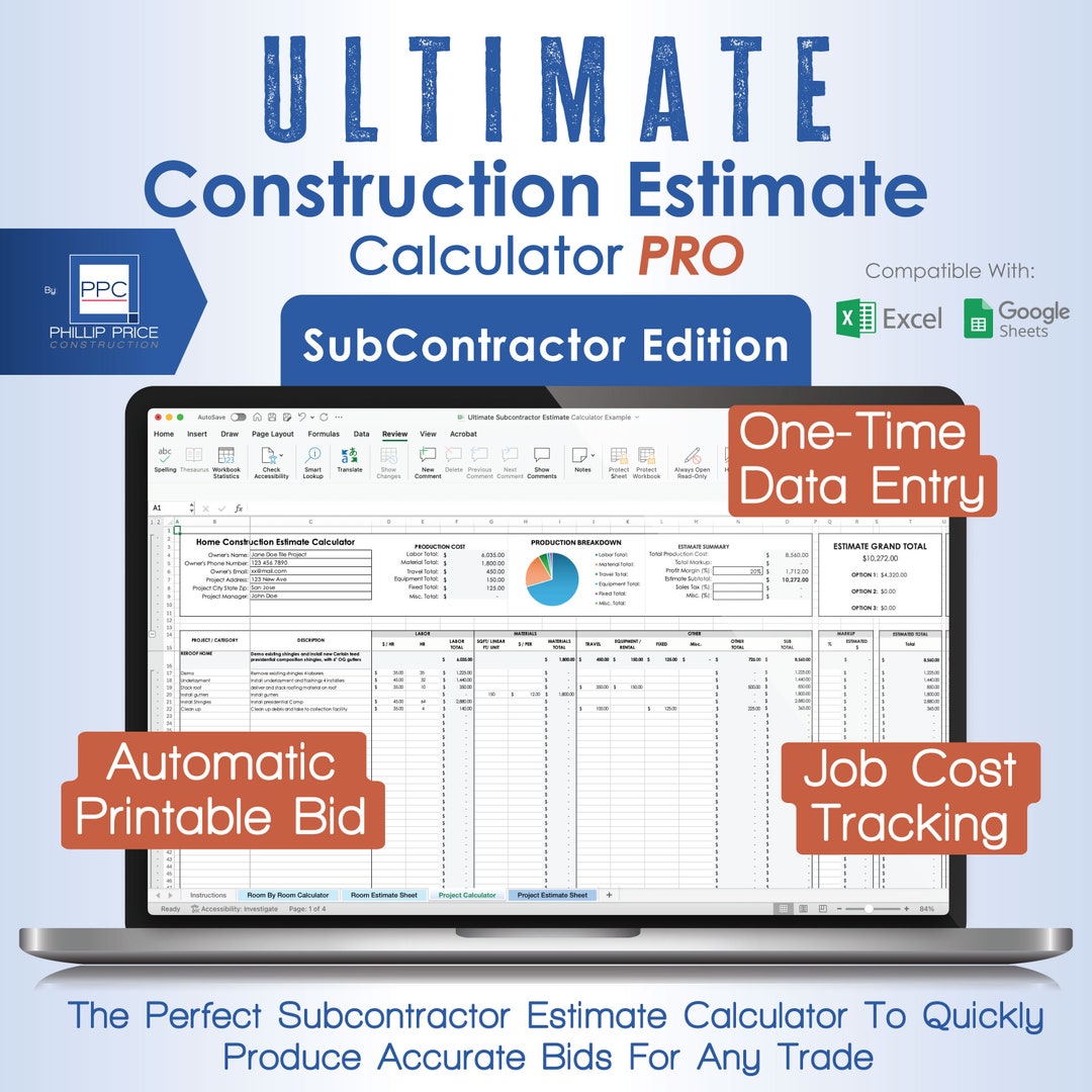 Construction Estimate Calculator Pro Subcontractor Edition, Digital Printable Estimate Builder ...