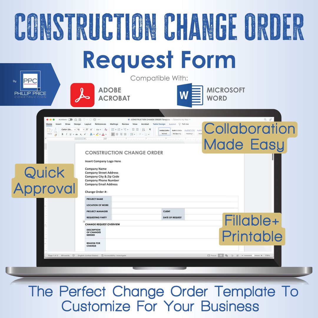 Home Construction Change Order Template, Contractor Project Management ...