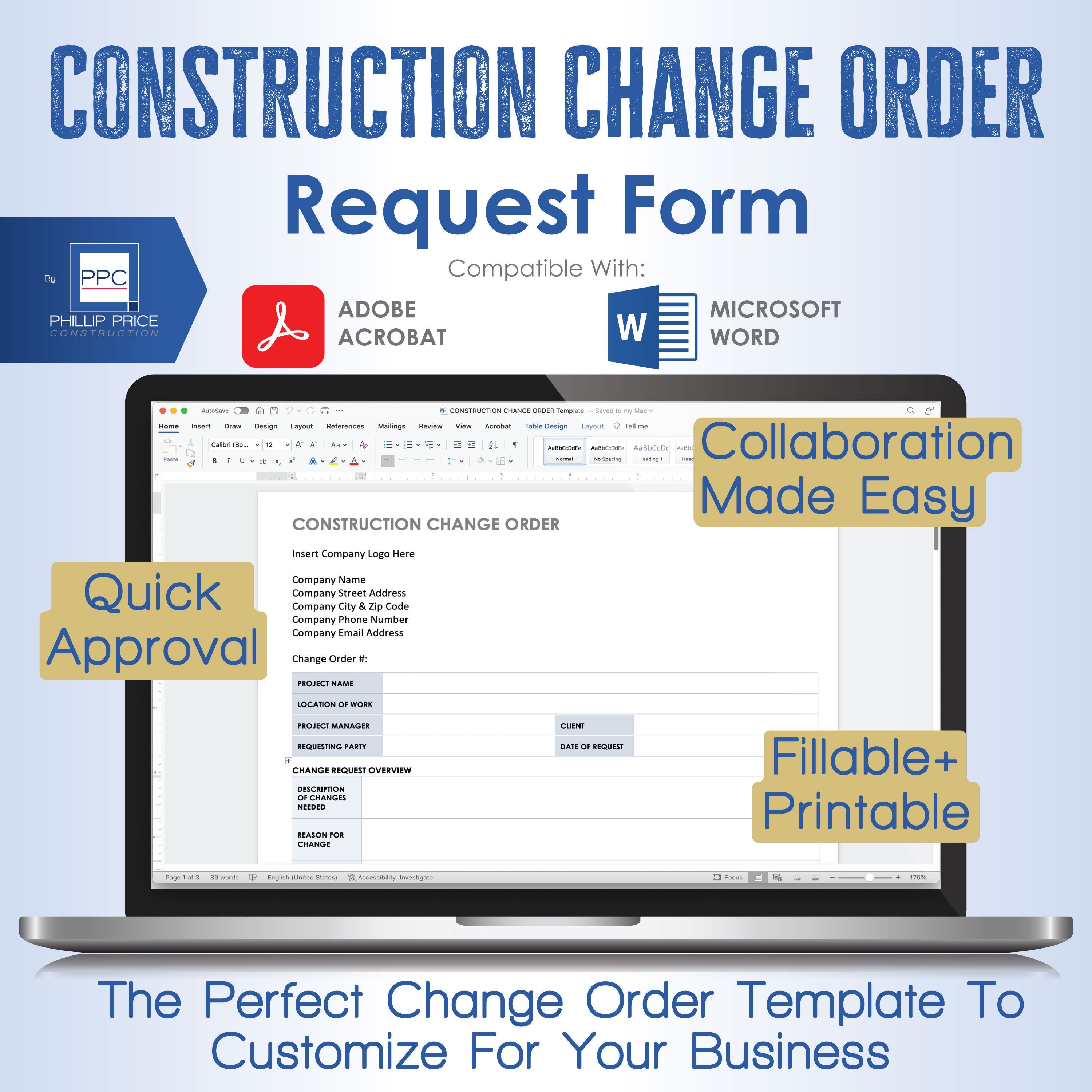 Home Construction Change Order Template, Contractor Project Management ...