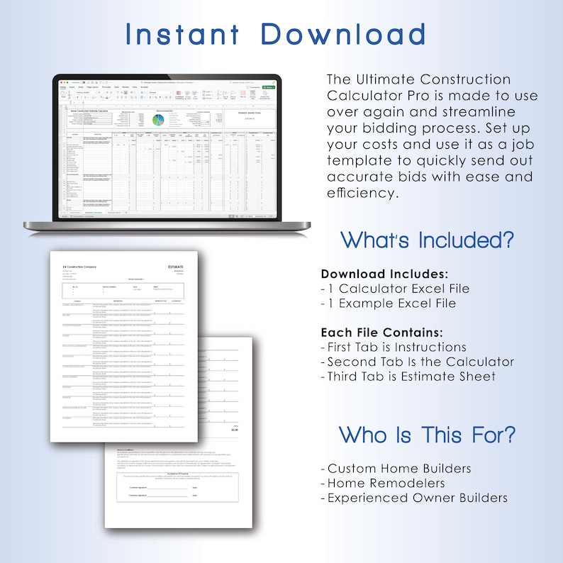 Construction Estimate Calculator Pro, Digital Printable Estimate ...