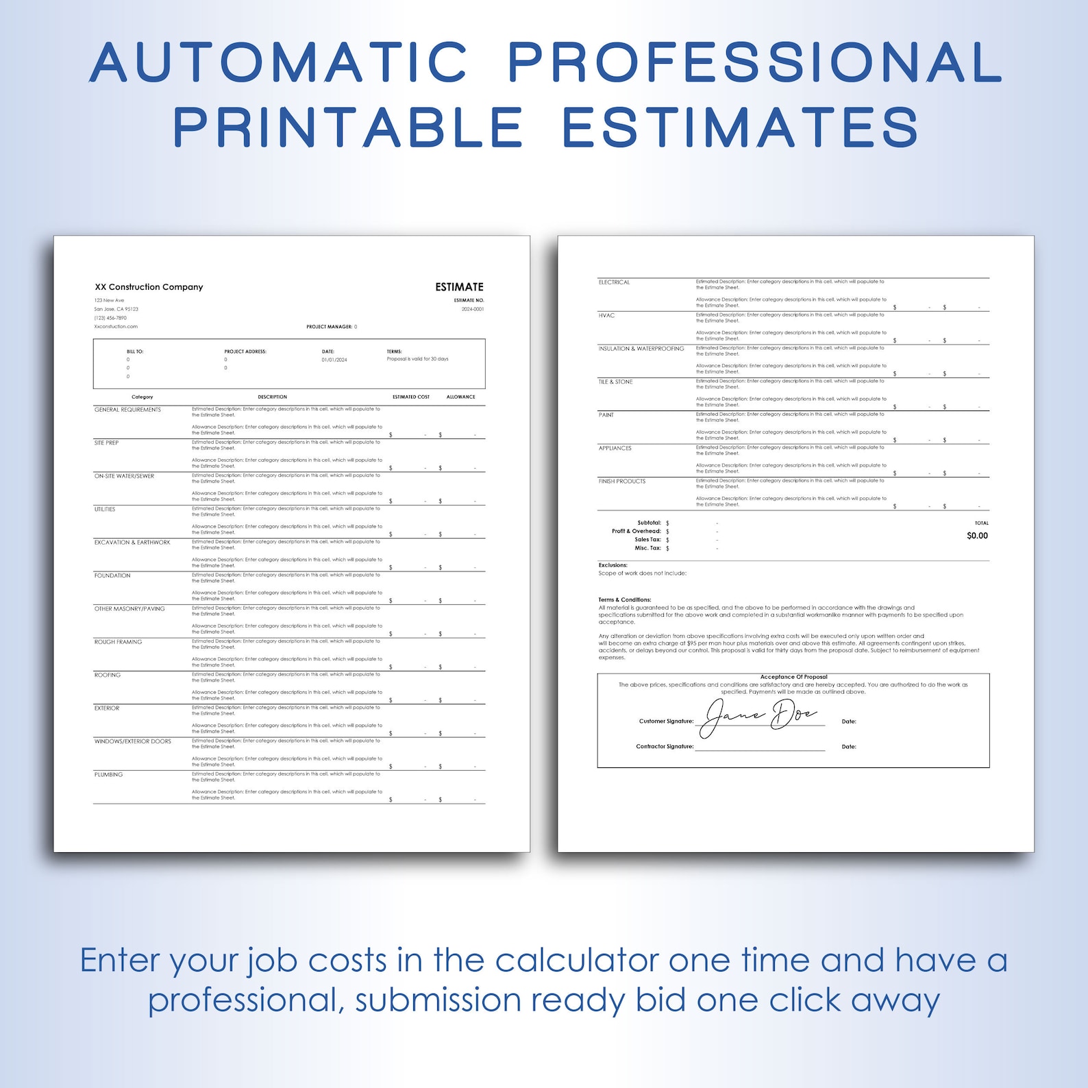 Construction Estimate Calculator Pro, Digital Printable Estimate ...