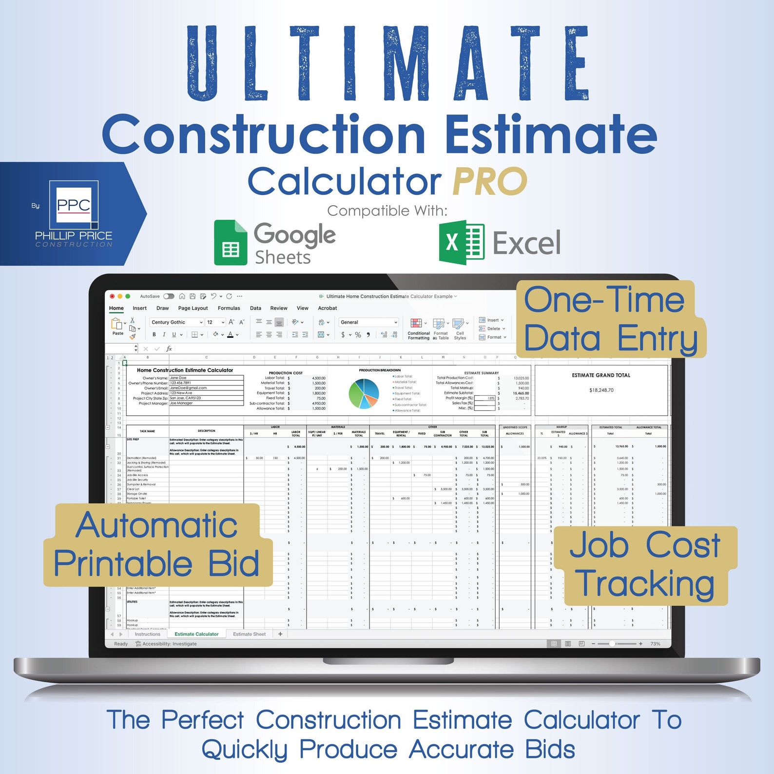 Construction Estimate Calculator Pro, Digital Printable Estimate ...