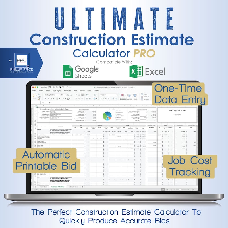 Construction Estimate Calculator Pro, Digital Printable Estimate ...
