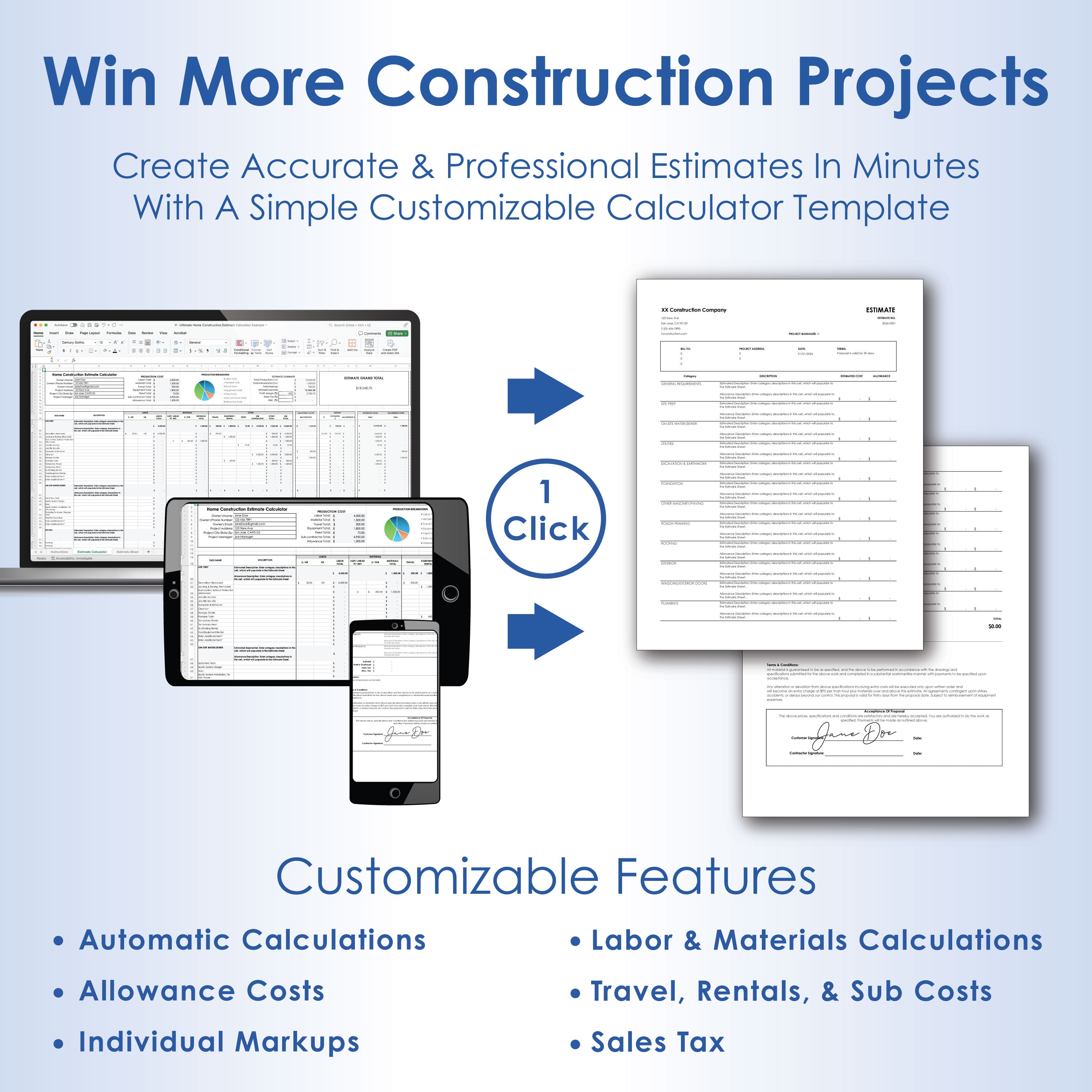 Construction Estimate Calculator Pro, Digital Printable Estimate ...