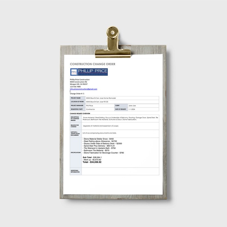 Home Construction Change Order Template, Contractor Project Management ...