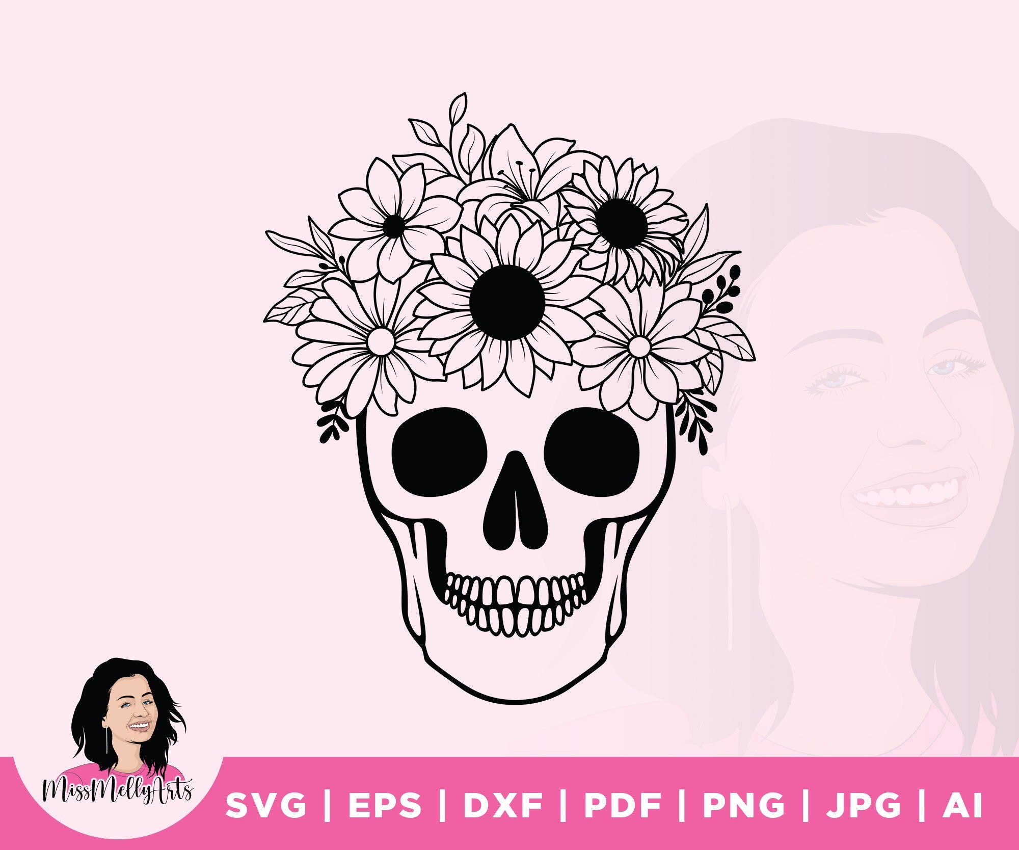 Skull Svg Flower Skull Svg Floral Skull Clip Art Skull Cut Etsy