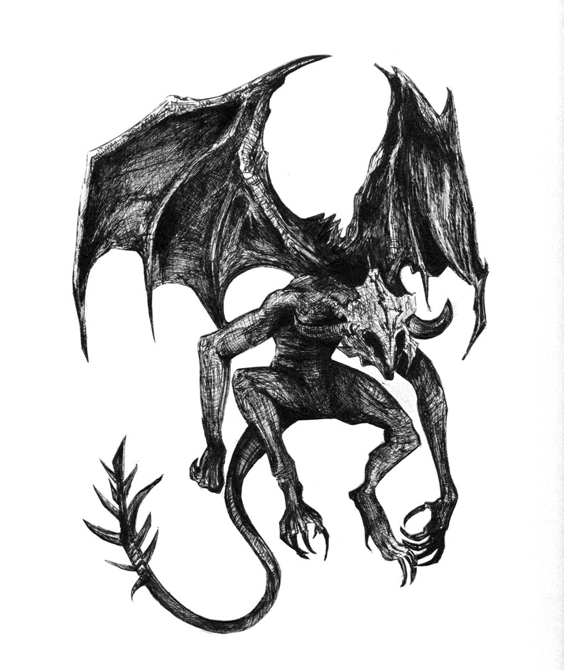 Fantasy Gothic Demon Gargoyle Giclee Art Print Cotton Rag Black & White ...