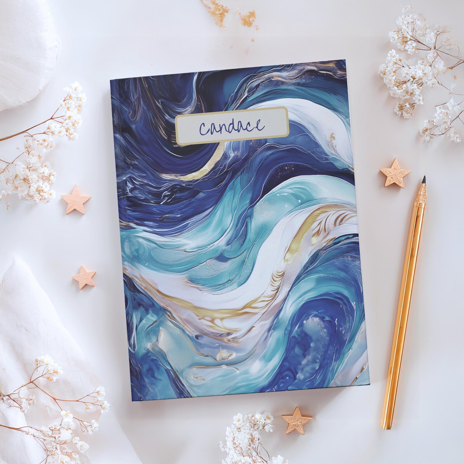 Custom Blue Marble Journal: Elegant Gold Swirl, Personalized Notebook ...