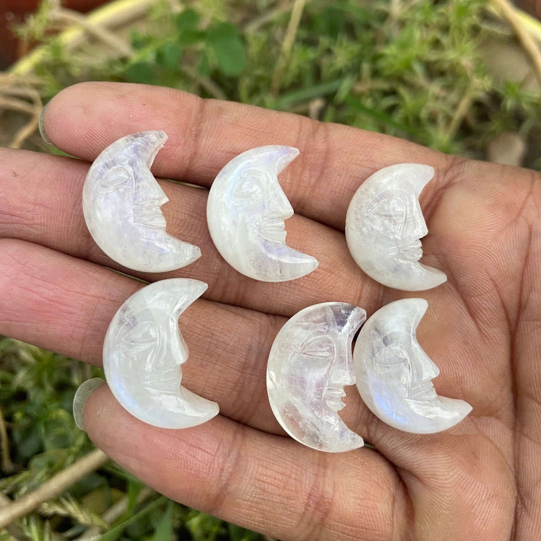Natural White Rainbow Half Moon Face Carving Gemstone 6 Piece Set Loose ...