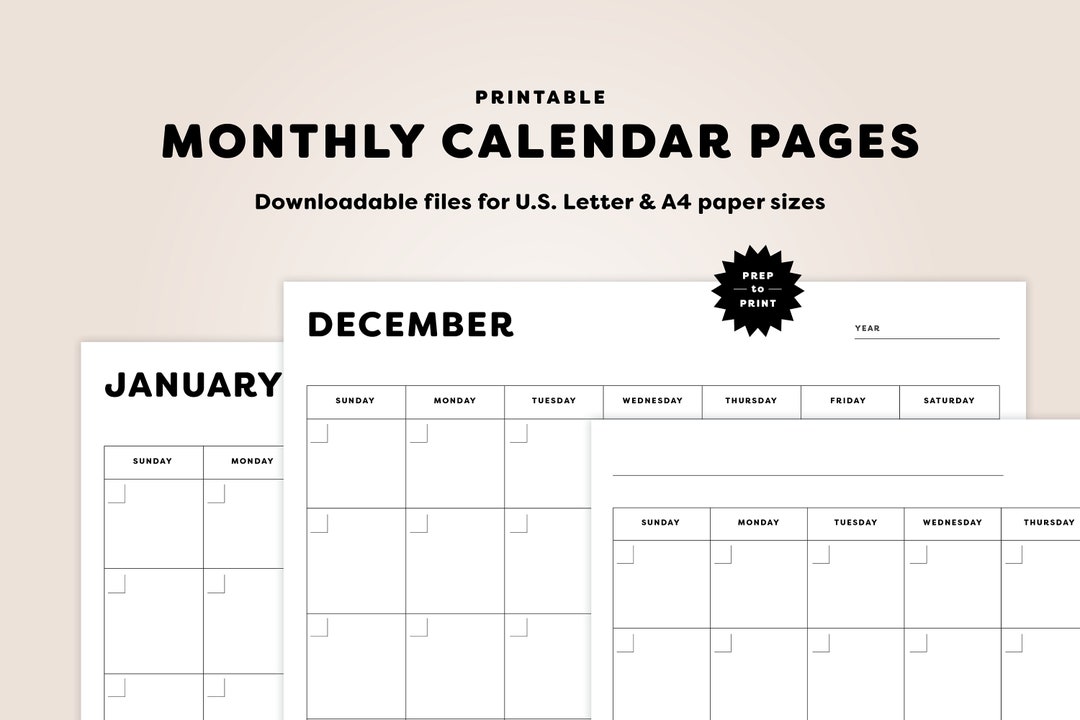 Printable Monthly Calendar Pages in US Letter and A4 Paper Sizes ...