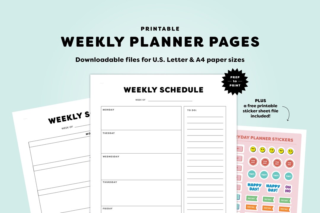 Printable Weekly Planner Pages in US Letter and A4 Paper Sizes. Instant ...