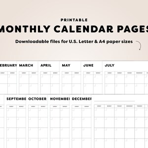 Printable Monthly Calendar Pages in US Letter and A4 Paper Sizes ...