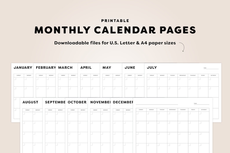 Printable Monthly Calendar Pages in US Letter and A4 Paper Sizes ...